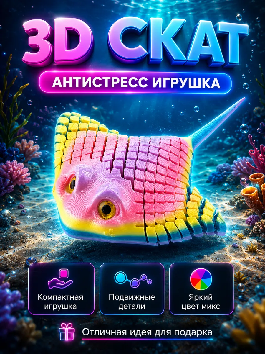 Игрушка-антистресс "Скат", 3D - печатная, пластик, 12.5x10.5x2 см
