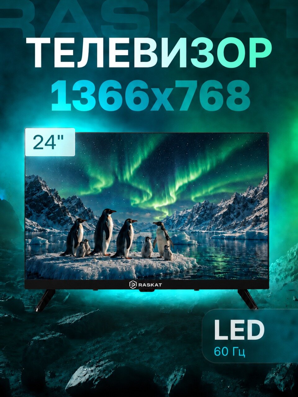 Телевизор LED Raskat 24H1000B, 24", HD (1366×768), 60Гц, Черный (24H1000B)