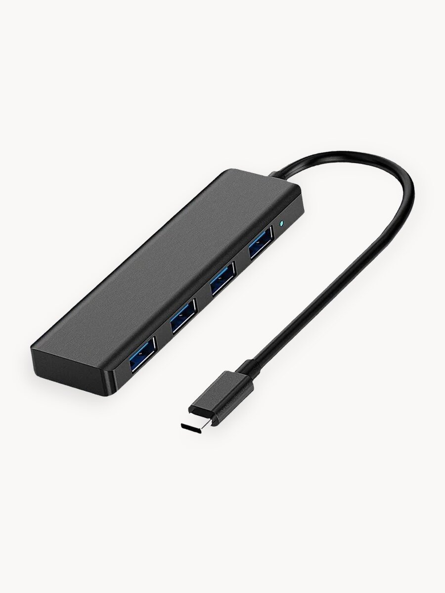 Переходник для ноутбука Type-c Hub 4 в 1 длина 12 см, черный адаптер usb-c