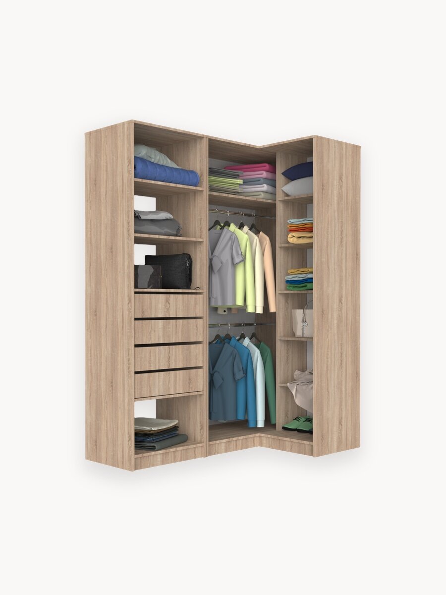 Открытый гардеробный угловой шкаф Макс-14 с 2 штангами, 11 полками и 4 ящиками, ШхГхВ: 160х100х210 см, дуб сонома