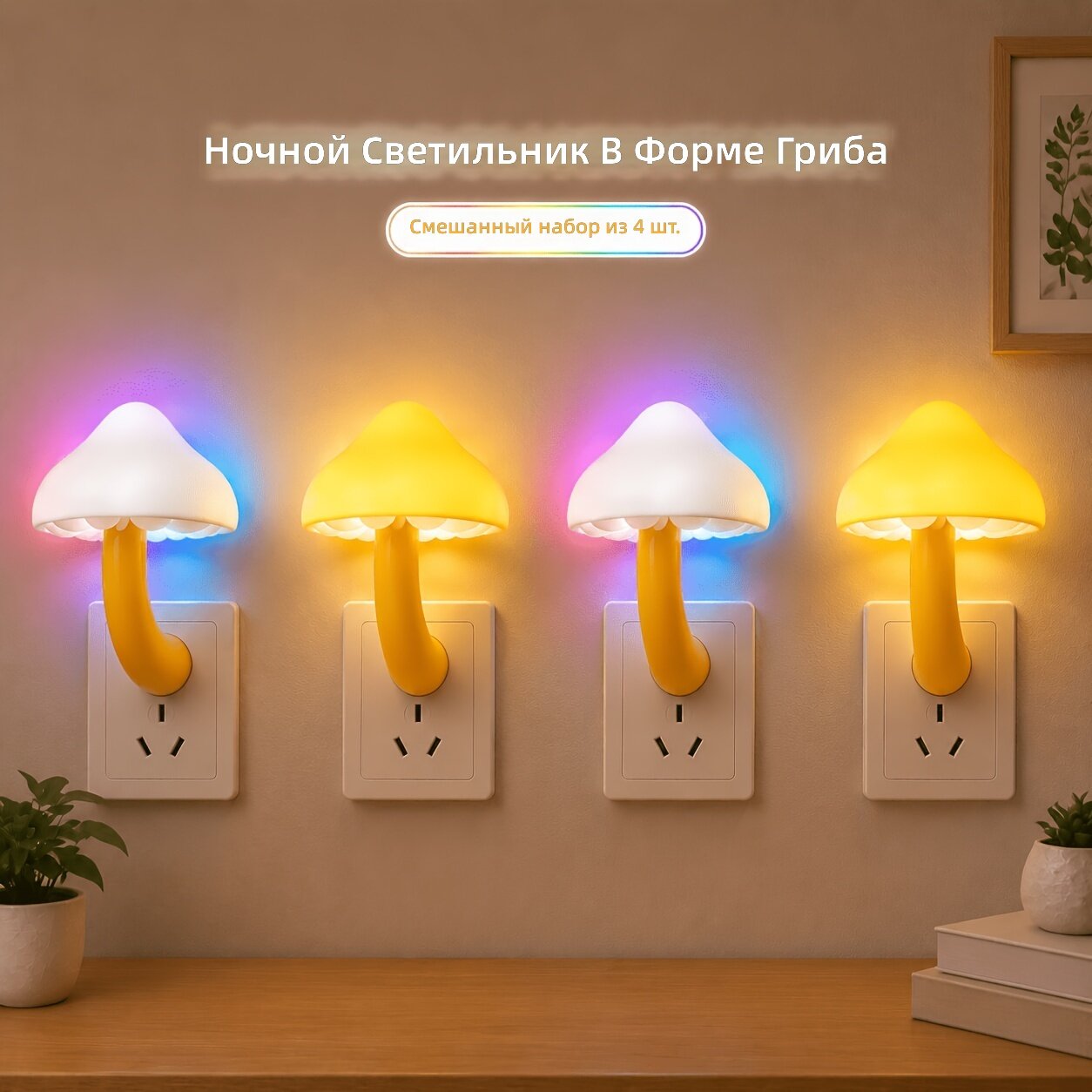 Светодиодный ночник в форме гриба с питанием от сети, комплект 4 шт, смешанные цвета (теплый белый и разноцветная подсветка), с датчиком освещенности