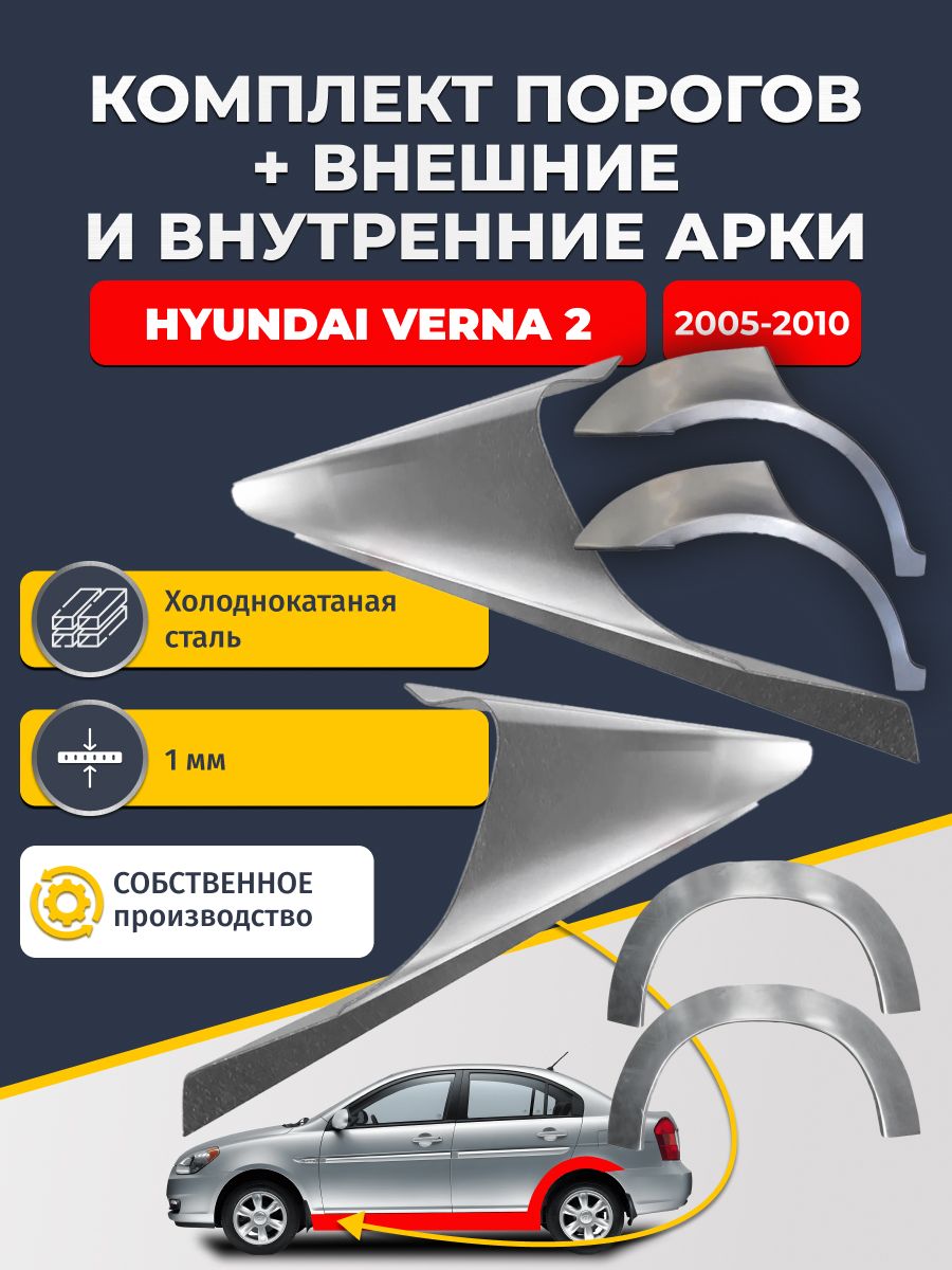 Комплект ремонтных задних внешних и внутренних арок (0,8 мм) + комплект стандартных ремонтных порогов , на Hyundai Verna 2 2005-2010 седан (Хендай Верна 2) Холоднокатаная сталь 1 мм