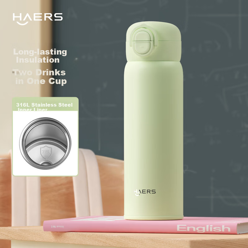 HAERS 316L нержавеющая сталь изолированный соломинка чашка портативная водная бутылка зеленый 500мл Объем：500