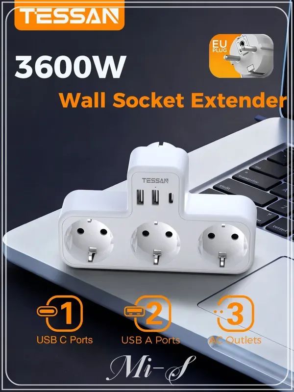 Многофункциональная настенная розетка TESSAN с 3 розетками, 1 USB-C-порта, USB-адаптер 6 в 1 с защитой от перегрузки для смартфона, планшета