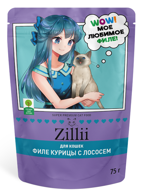 Влажный корм ZILLII (Зилли) для стерилизованных кошек, курица с лососем, мясные волокна в желе, 75 г