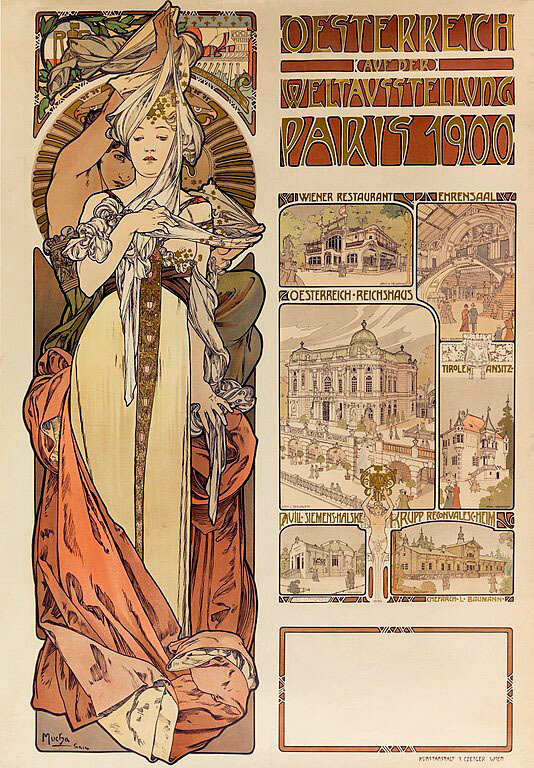 "Плакат Австрия на Всемирной выставке в Париже 1900 года", Муха Альфонс, картина для интерьера (репродукция) (50х72 см / на подрамнике)