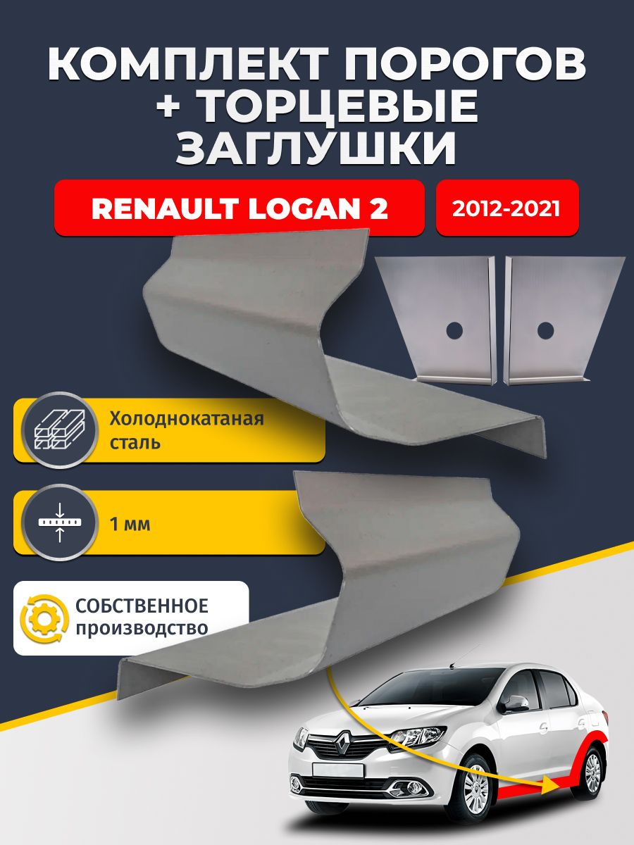 Комплект стандартных ремонтных порогов и торцевых заглушек на Renault Logan 2012-2021 седан (Рено Логан 2), холоднокатаная сталь 1 мм. Любой тип кузова. Кузовной ремонт.
