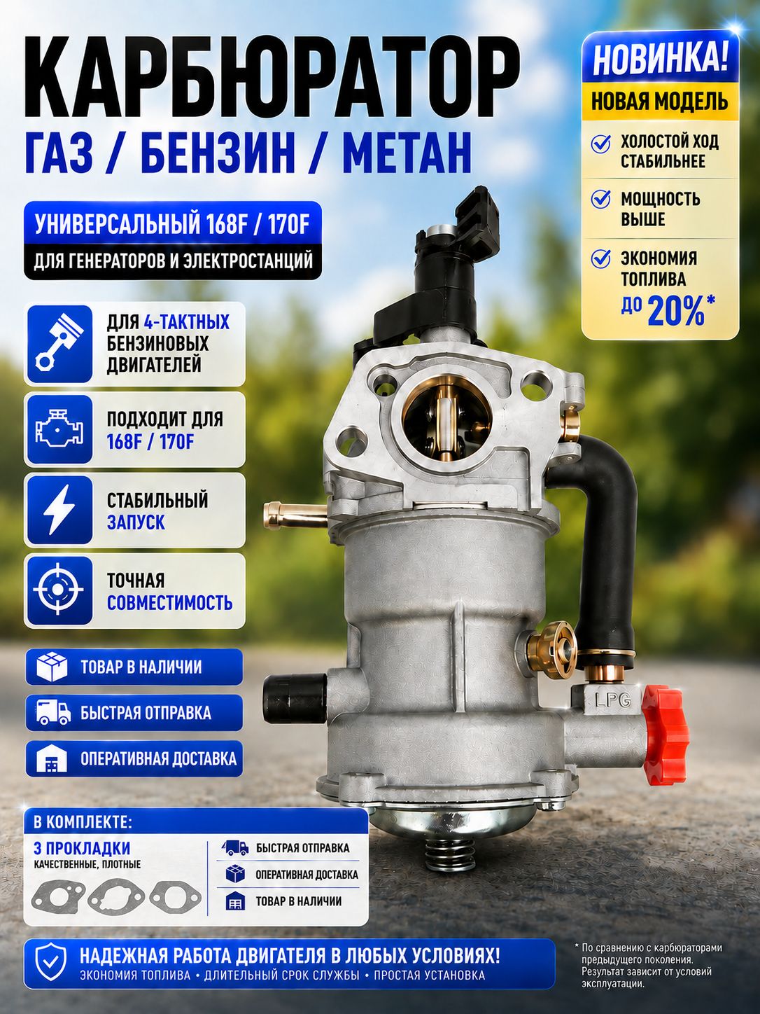 Карбюратор газ-бензин для генератора, электростанций. 3 кВт ( двигатель 6.5-7 лс 168F/170F)