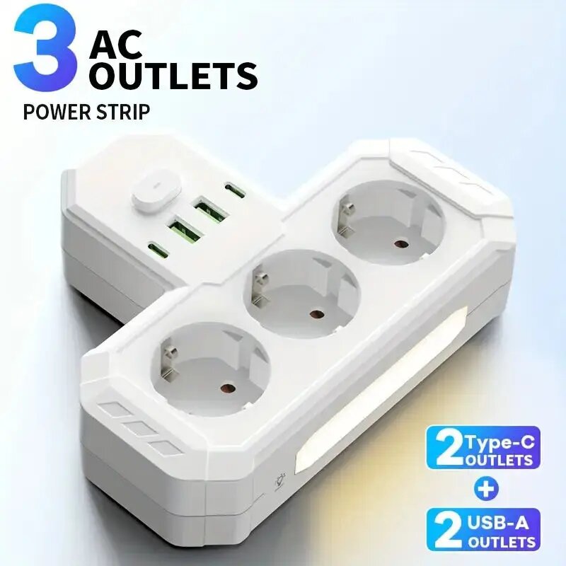 Беспроводное зарядное устройство с розетками EU Plug 7-в-1 Белый, 3 White USB light