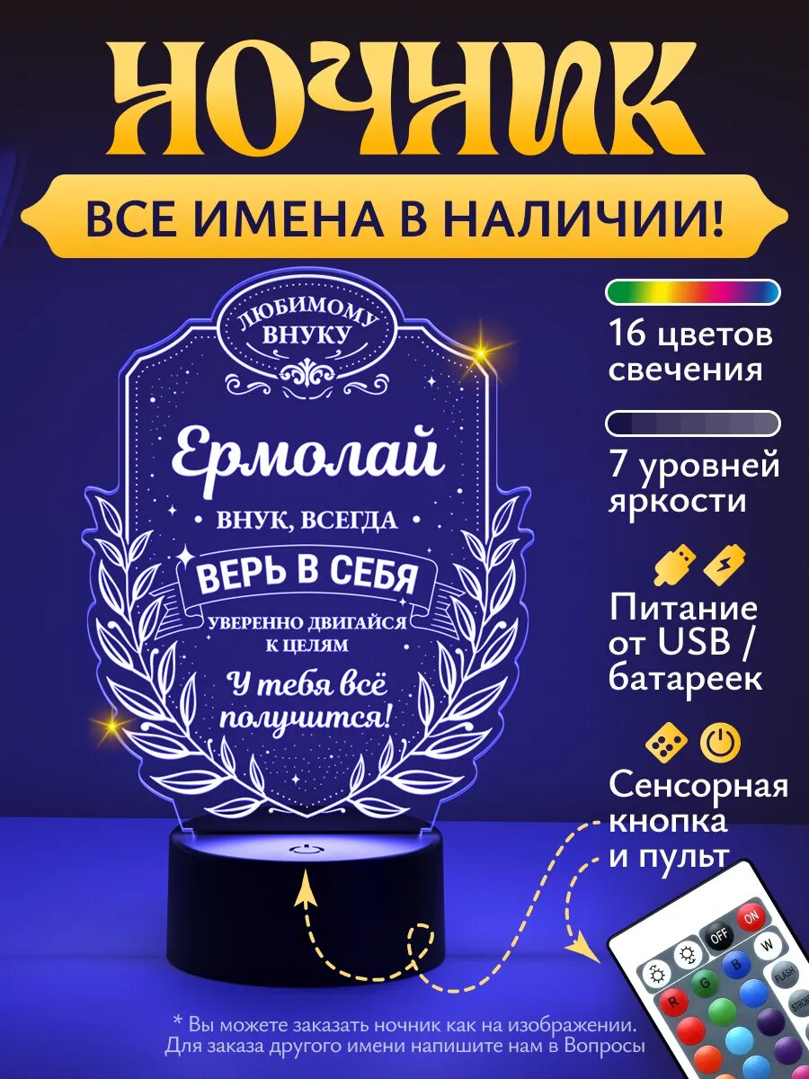 Ночник «Ермолай - любимый внук, верь в себя»