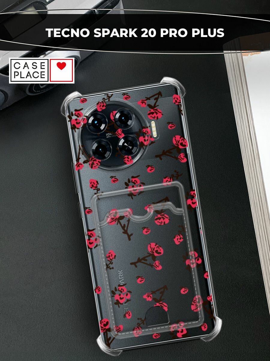Чехол на Tecno Spark 20 Pro Plus (Текно Спарк 20 Про Плюс) с картой и принтом Паттерн красные розы