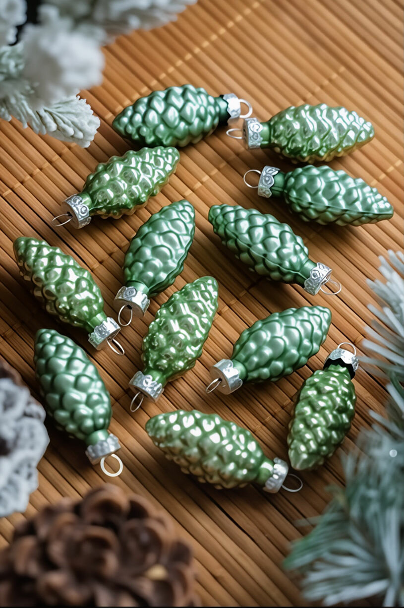 Набор ёлочных игрушек шишки-малышки стеклянные, эмалевые и матовые, цвет: зелёный шалфей, 60 мм, упаковка 12 шт, Winter Deco 1001416