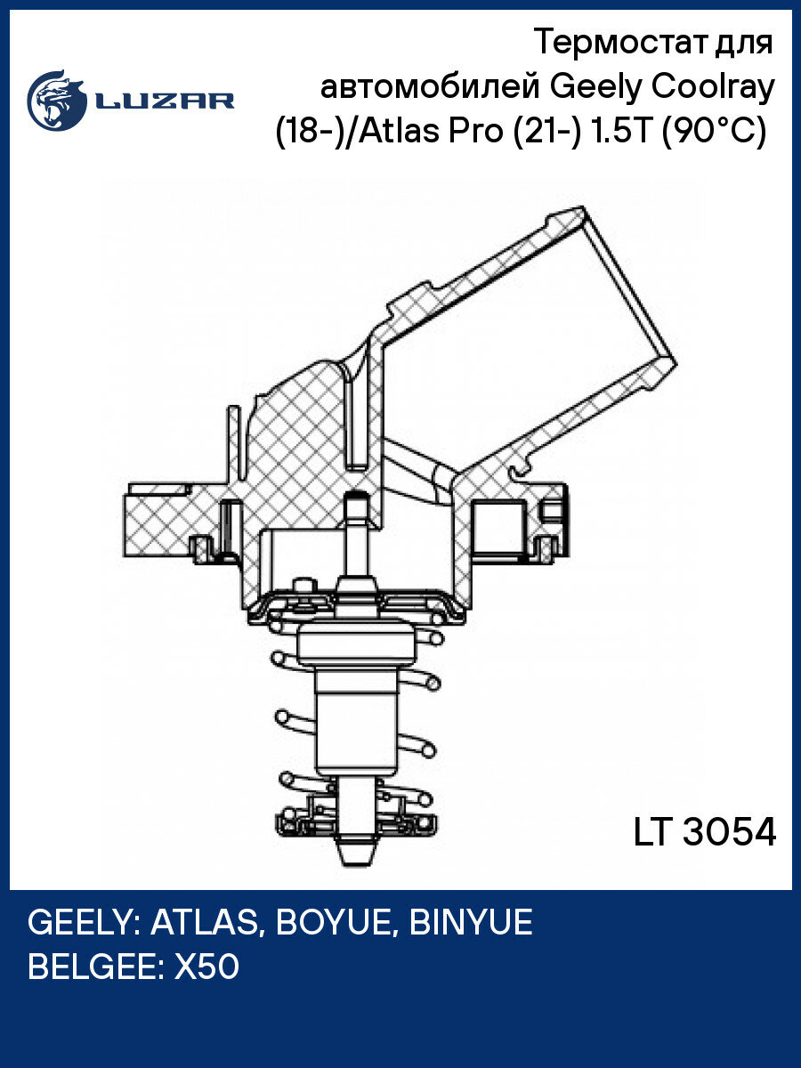 Термостат для автомобилей Geely Coolray (18-)/Atlas Pro (21-) 1.5T (90°С) (с корпусом) LT 3054 LUZAR