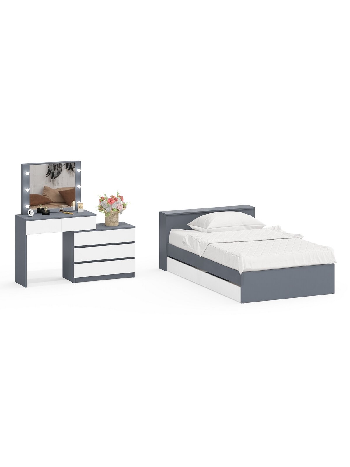Столик туалетный с лампочками 110 с односпальной кроватью с ящиками Ксения 1200, графит/белый, сп. м. 1200х2000 мм.