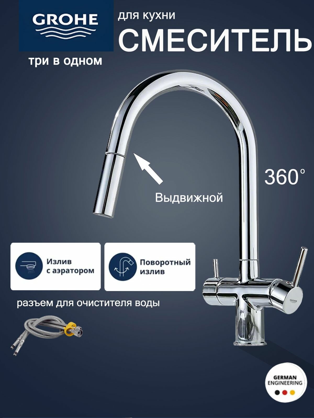 GROHE Три в одном Расширяемый кухонный кран с интерфейсом для фильтра воды