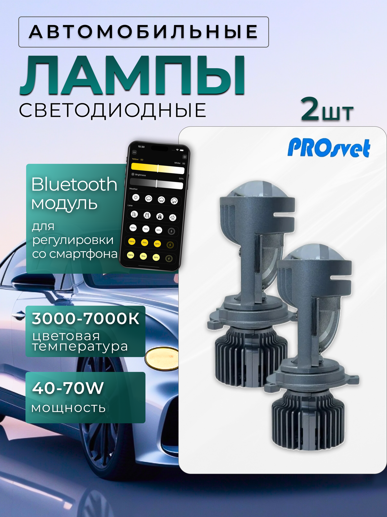 Светодиодные LED лампы PROSVET S7 DRIVE LIGHT H4 с линзой и изменяемой температурой свечения SD161