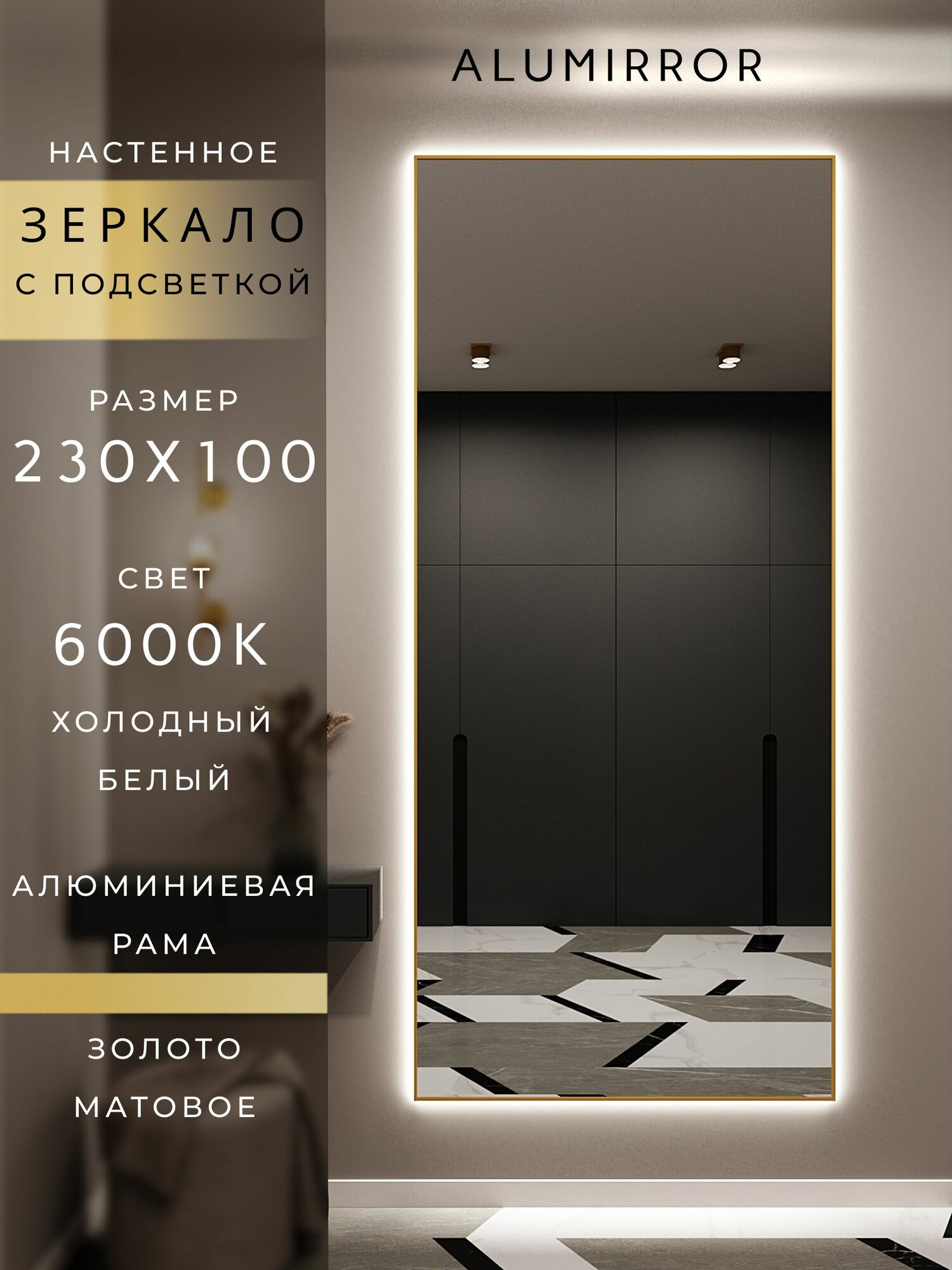 Зеркало настенное 230х100 см. золото с подсветкой Свет: Холодный белый 6000К В алюминиевой раме интерьерное ALUMIRROR