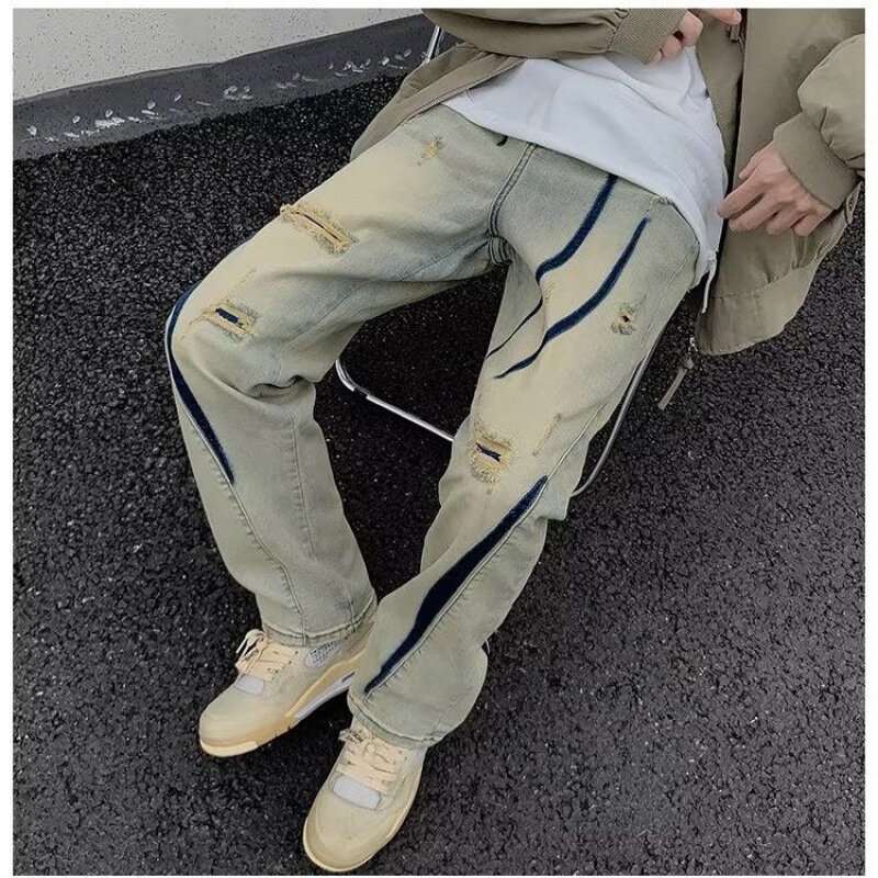 Тренд RONG CH Мужские Джинсы Весна Американские Потертые Тай-Дай Стрейт Деним, Размер_XL