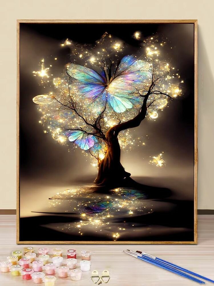 Картина по номерам для взрослых начинающих, дерево бабочек 40x50 см, раскраска по номерам на холсте без рамки, творческий набор для релакса и интерьера