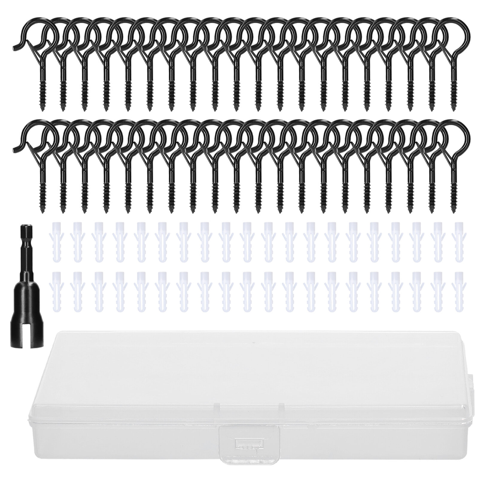 Набор черных металлических винтовых крюков для наружных светодиодных лент Q-Hanger с винтовыми крюками и патронами-расширителями, тип Set A, Set B, материал винтового крюка железо, размер 59*25мм, вес 6г, материал патрона пластик, размер 28*10*6мм,