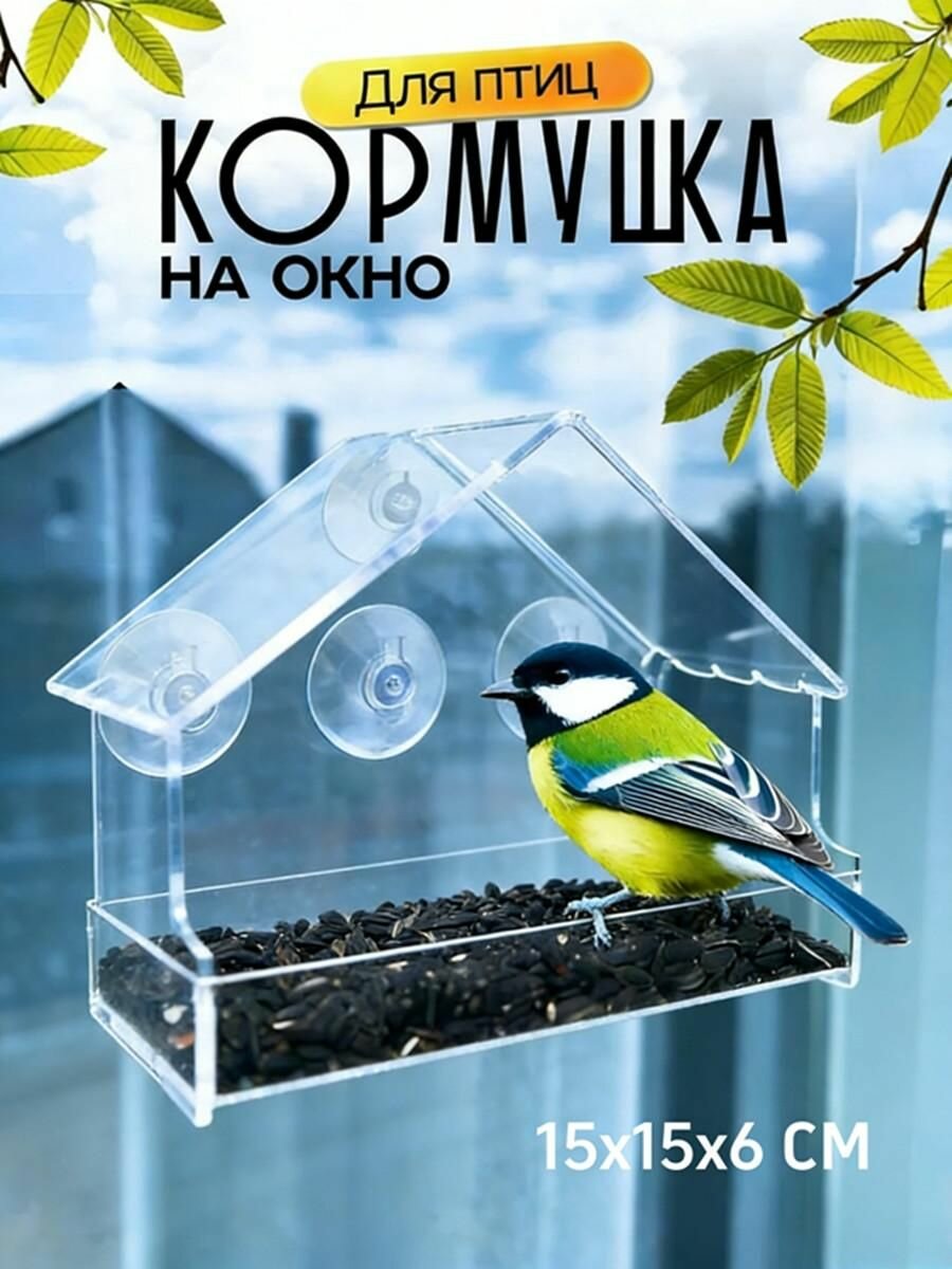 Кормушка для птиц на окно, уличная на присосках. Скворечник прозрачный 15х15х6 см
