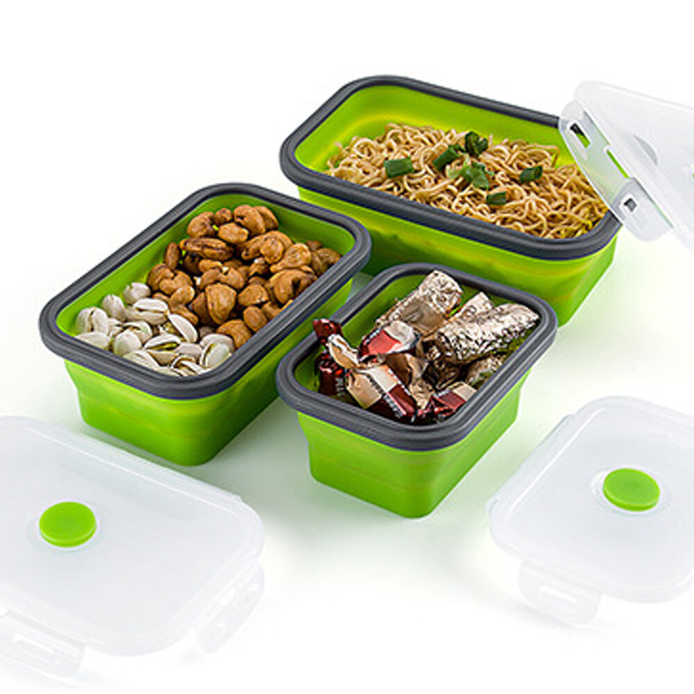 Набор силиконовых контейнеров для еды складных прямоугольных для пикника на открытом воздухе кухни микроволновой морозильной посуды 3 шт 350/500/800мл Красный Зеленый Синий