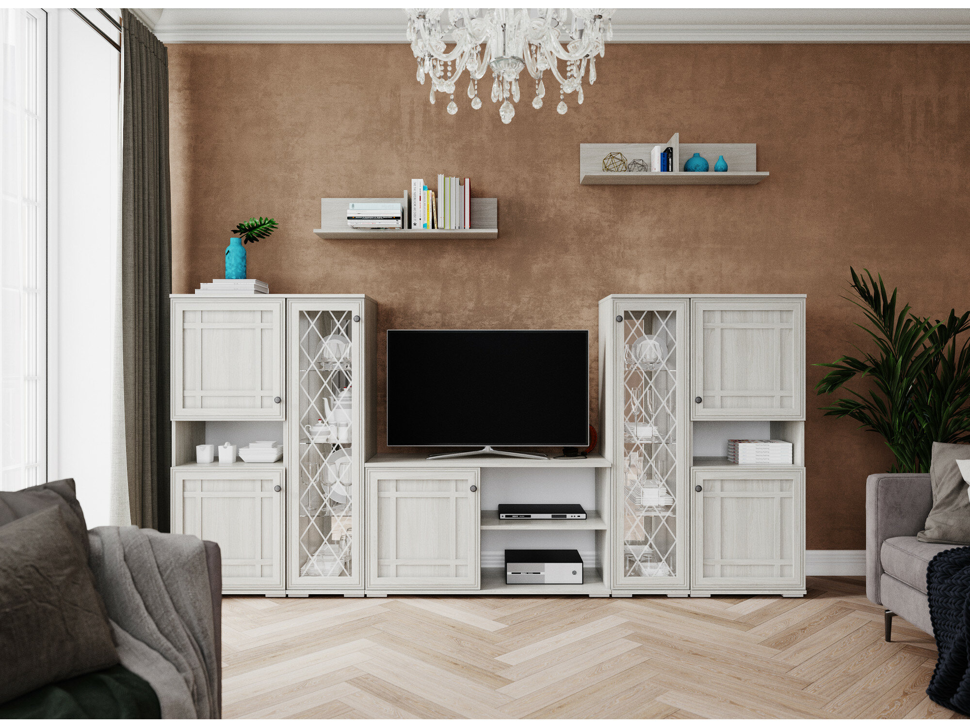 Модульная гостиная в стиле классика, набор 1, Ясень анкор светлый