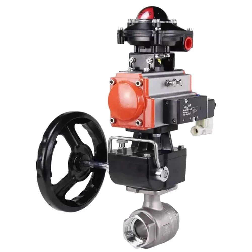 Кран шаровой DN.ru кшмп.316.230-ISO Ду10 Ру63, полнопроходной внутренняя резьба, нерж. сталь SS316, PTFE, с пневмоприводом DA-065 двойного действия, с пневмораспределителем PND2-S1EM-52-1NC-J08-24VDC, с БКВ LSB-410-02ExM12-250, с ручным дублером HDM-1