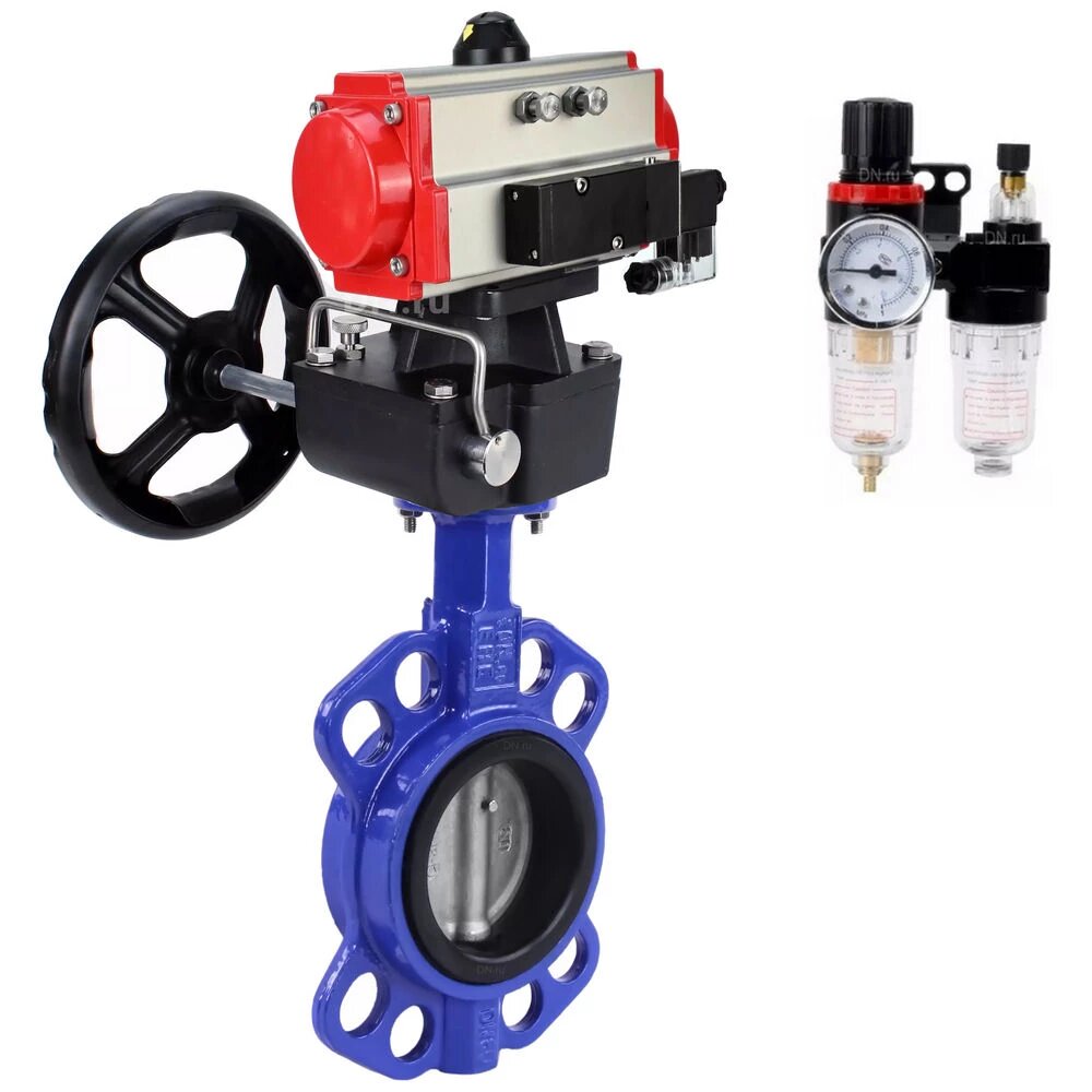 Затвор дисковый поворотный DN.ru WCB-316-VITON-2W-Fb Ду100 Ру16, корпус - углеродистая сталь WCB, уплотнение - VITON, с пневмоприводом DA-083, с пневмораспределителем PND1-S2EM-52-2-T10-220VAC, ручным дублером HDM-2, БПВ APU1-10-40-V08