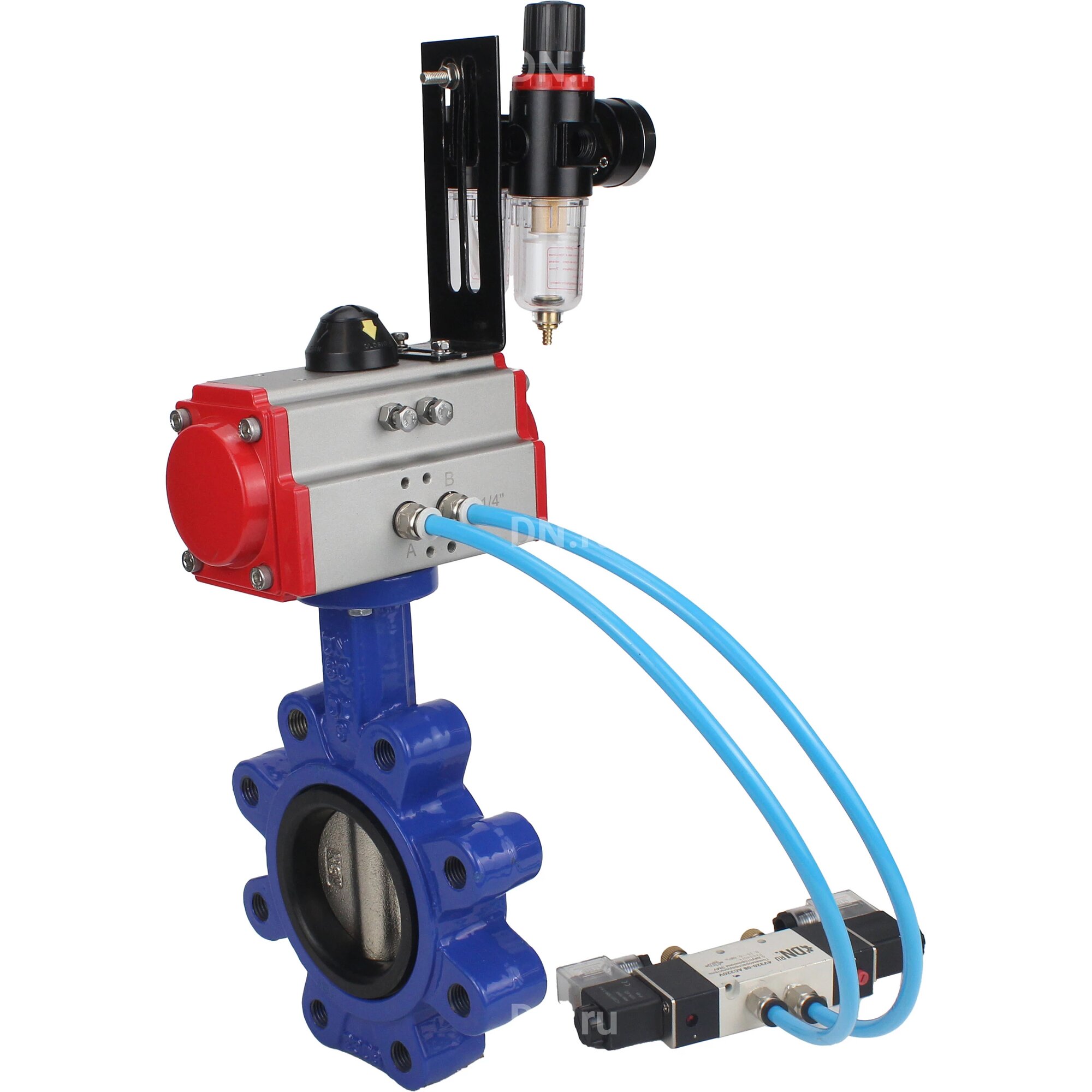 Затвор дисковый поворотный DN. ru QT450-QT450-NBR-2W-Fb-H Ду80 Ру16 корпус - чугун QT450, диск - чугун QT450, уплотнение - NBR, межфланцевый, с пневмоприводом DA-083, пневмораспределителем PND1-S2EM-52-2-T08-220VAC и БПВ APU1-10-40-V08