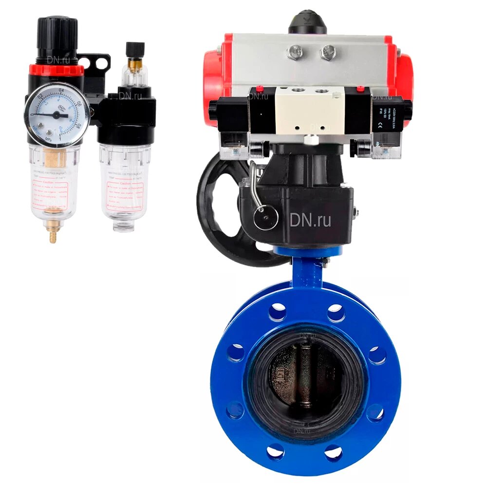 Затвор дисковый поворотный DN. ru GGG40-304-EPDM-2W-F-H Ду125 Ру16 корпус - чугун GGG40, диск - нерж. сталь 304, EPDM, с пневмоприводом DA-130, пневмораспределителем PND1-S2EM-52-2-T08-220VAC, ручным дублером HDM-3 и БПВ APU1-10-40-V08