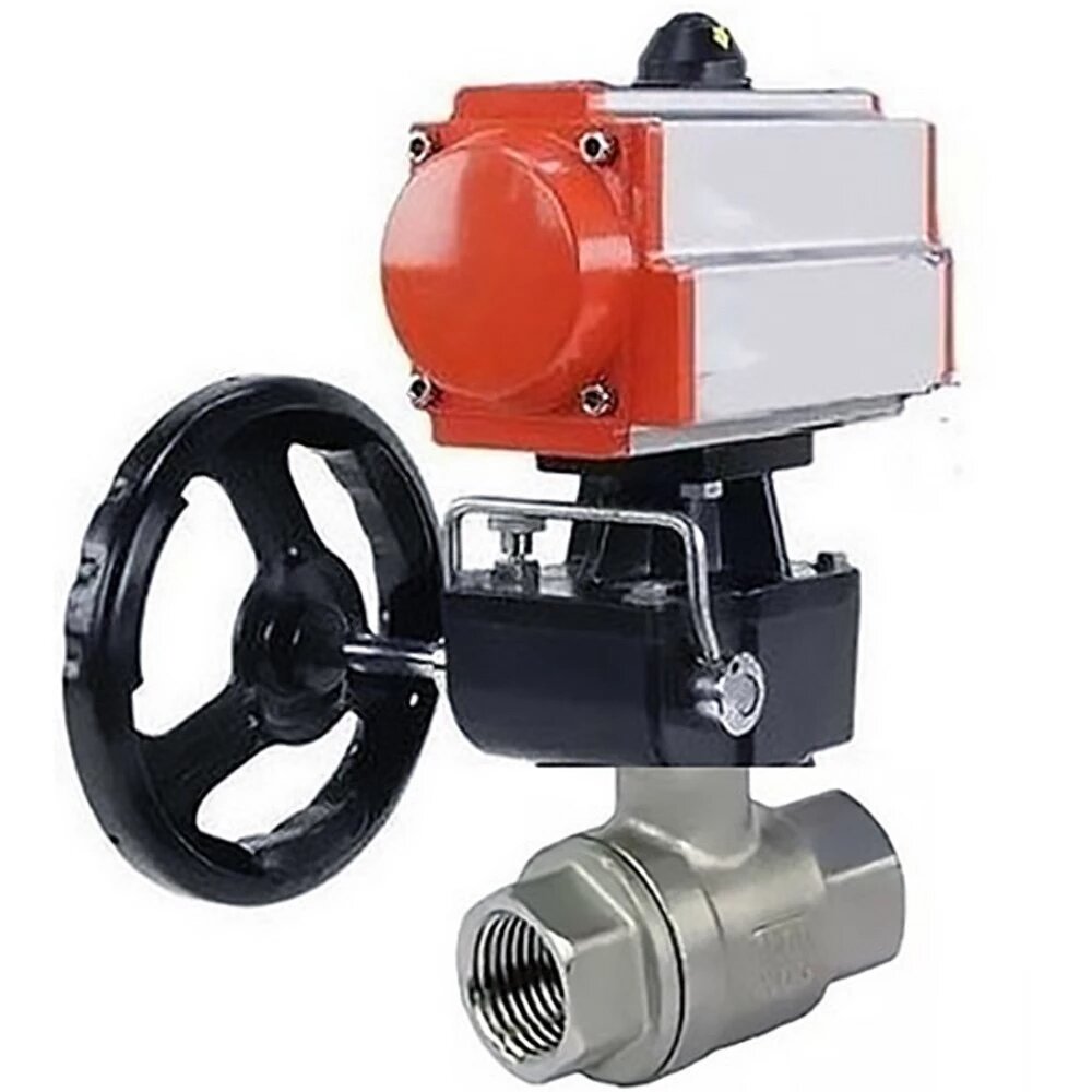 Кран шаровой DN.ru кшмп.316.230-ISO 1/2" Ду15 Ру63 полнопроходной двухходовой, нержавеющая сталь SS316, внутренняя резьба, уплотнение - PTFE, с пневмоприводом двойного действия DN. ru DA-065 и ручным дублером HDM-1