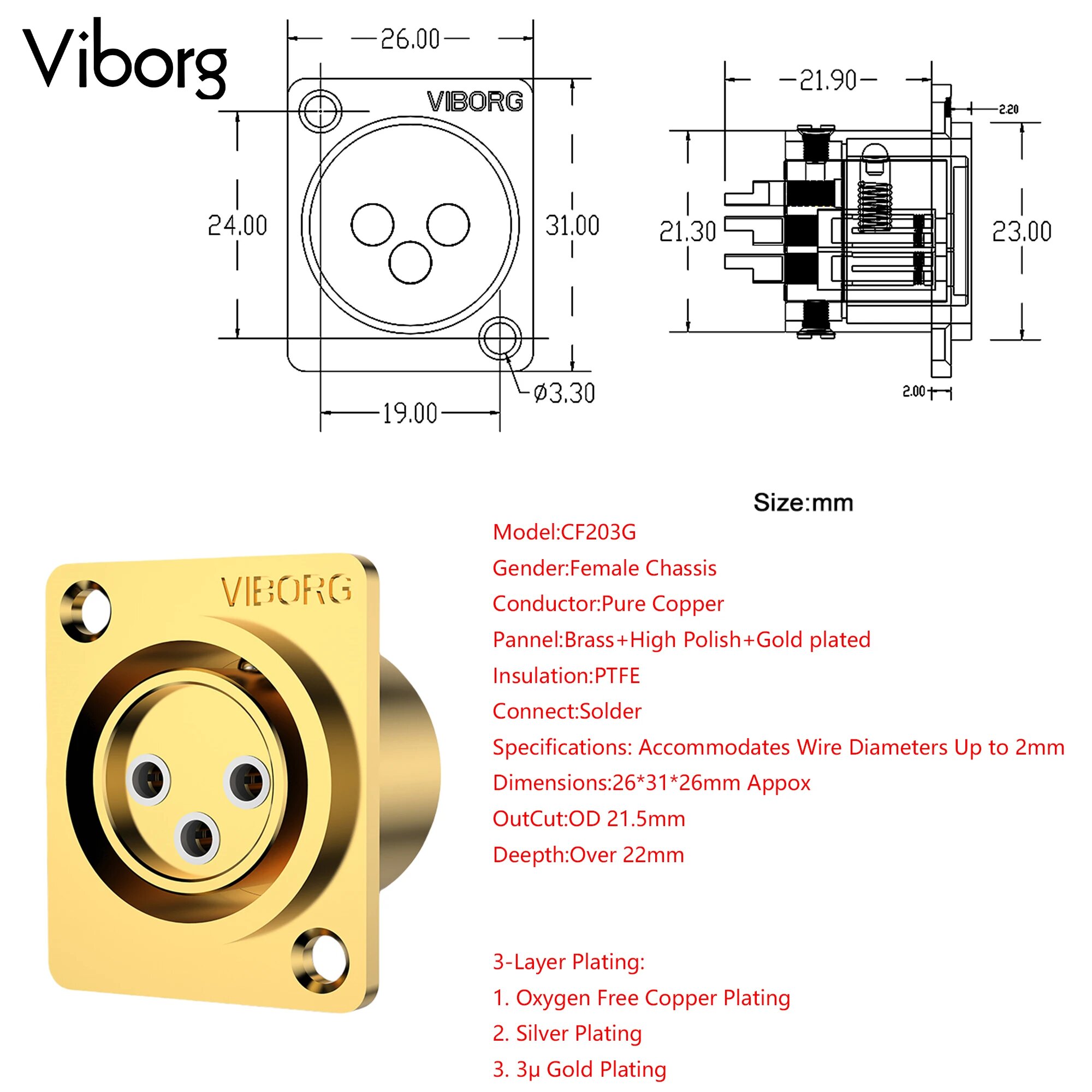 Viborg CF203G XLR Разъем, Золото, 22мм