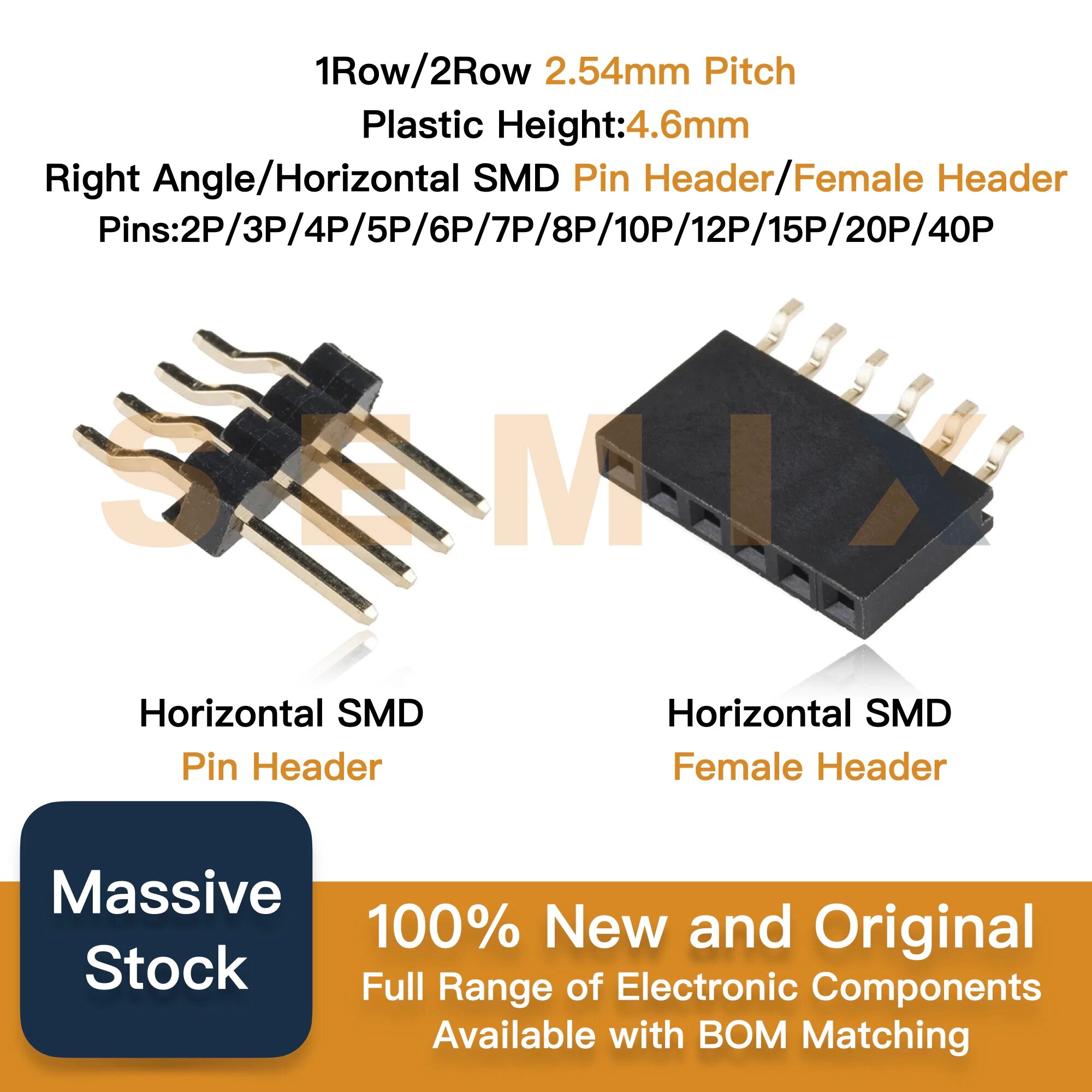 SMD разъемы для пайки 2.54 мм, 2P-40P SMD Female(1x7P)