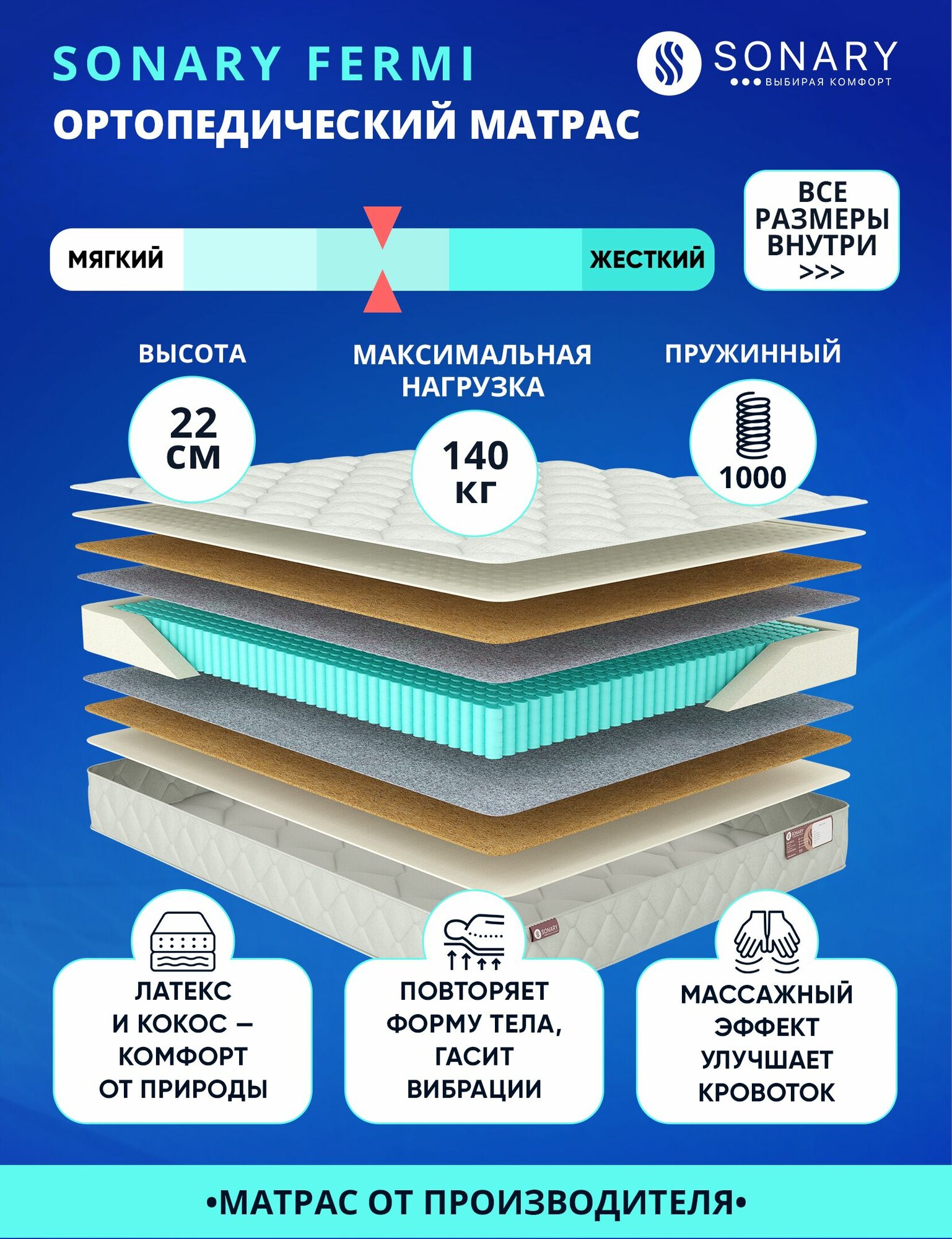 Матрас Sonary Fermi 75х200 серии Relax высота 22 см анатомический средней жесткости кокосовый латексный Независимые
