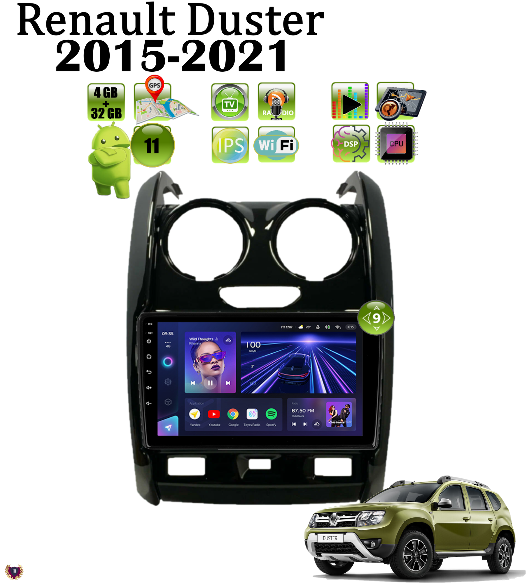 Автомагнитола для Renault Duster/Рено Дастер (2015 - 2021), Android 11, 4/32 GB, CarPlay, Bluetooth, WiFi, GPS