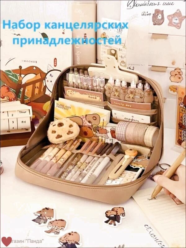 Набор для канцелярии "Капибара": Вместительный пенал с организатором и аксессуарами