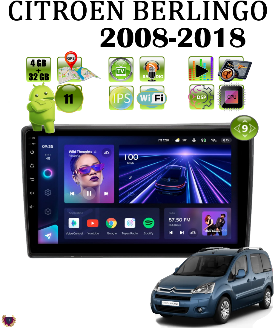 Автомагнитола для Citroen Berlingo (2008-2018), Android 11, 4/32 Gb, Wi-Fi, Bluetooth, CarPlay, GPS, поддержка кнопок на руле