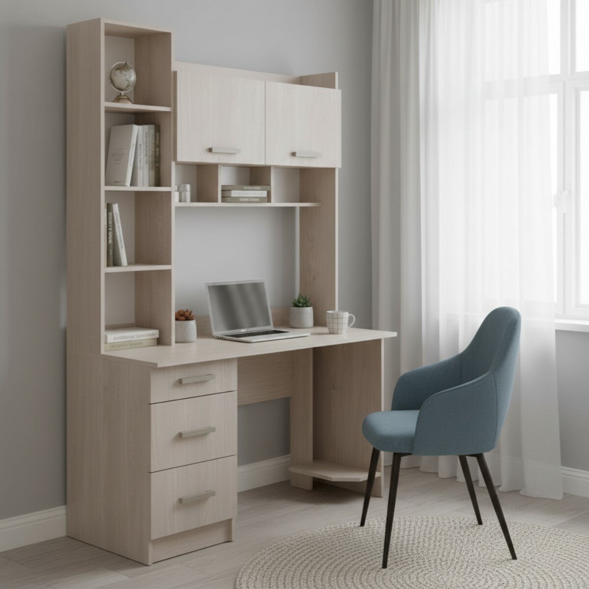 Стол компьютерный письменный Памир ПКС-5 с пеналом, полкой надстройкой и выдвижными ящиками, Ясень анкор светлый