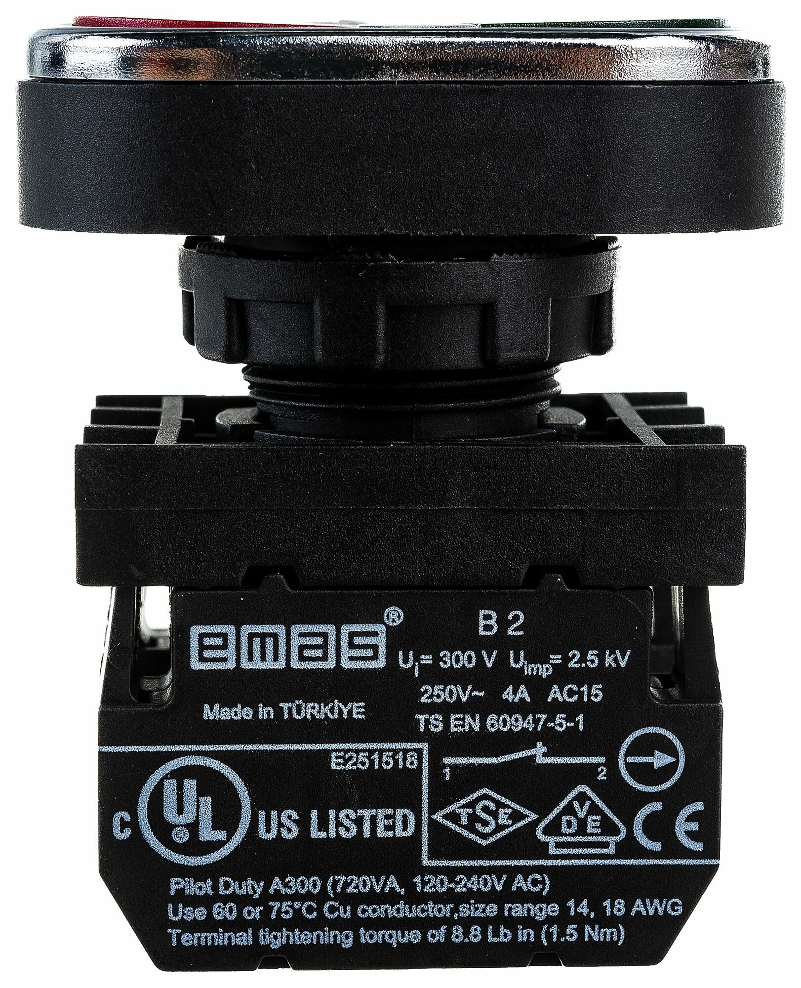 Нажимная кнопка Emas серия B, сдвоенная, красно-зелёная, 1НО+1НЗ, 250 В AC, 4 А B102K20KY