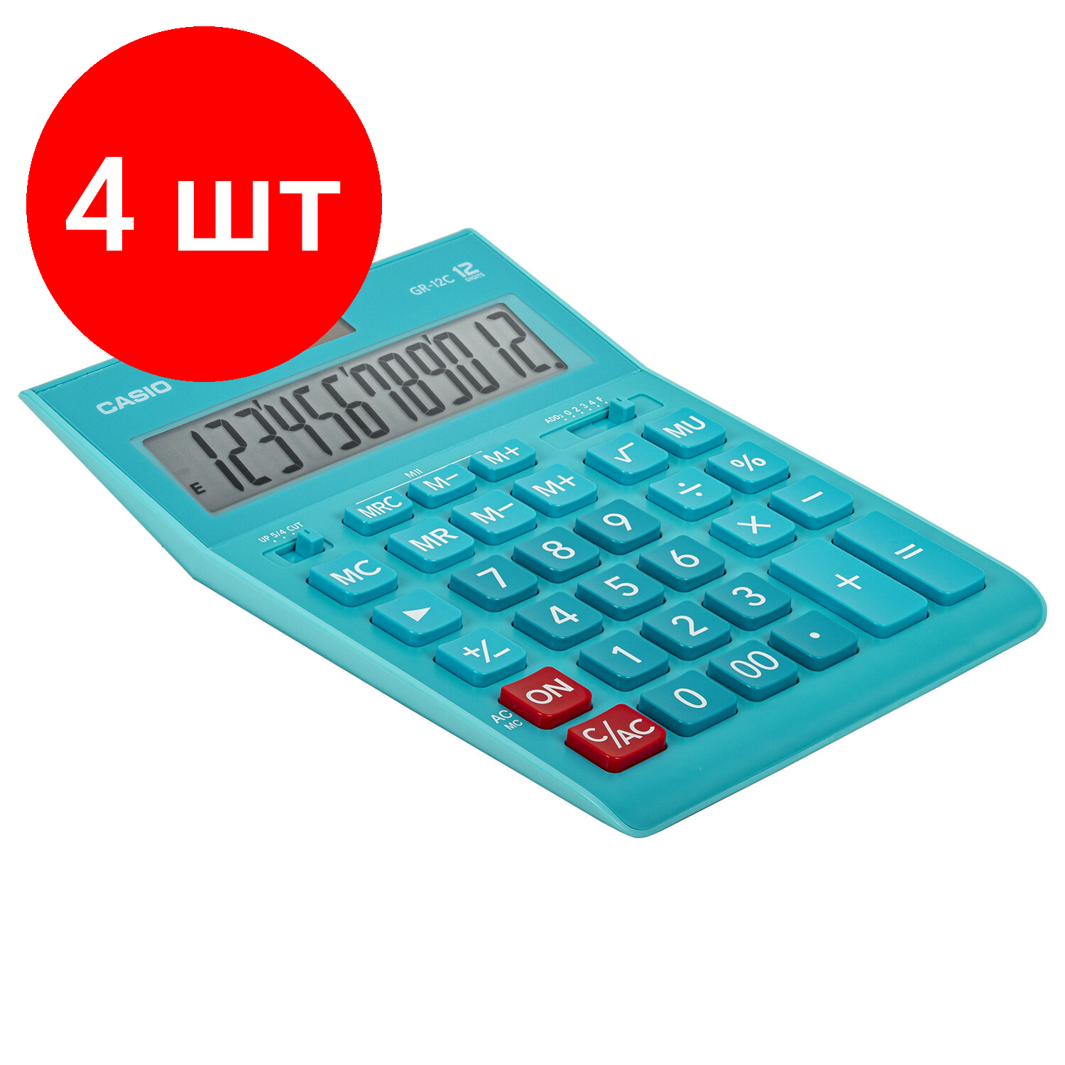 Комплект 4 шт, Калькулятор настольный CASIO GR-12С-LB (210х155 мм), 12 разрядов, двойное питание, голубой, GR-12C-LB-W-EP