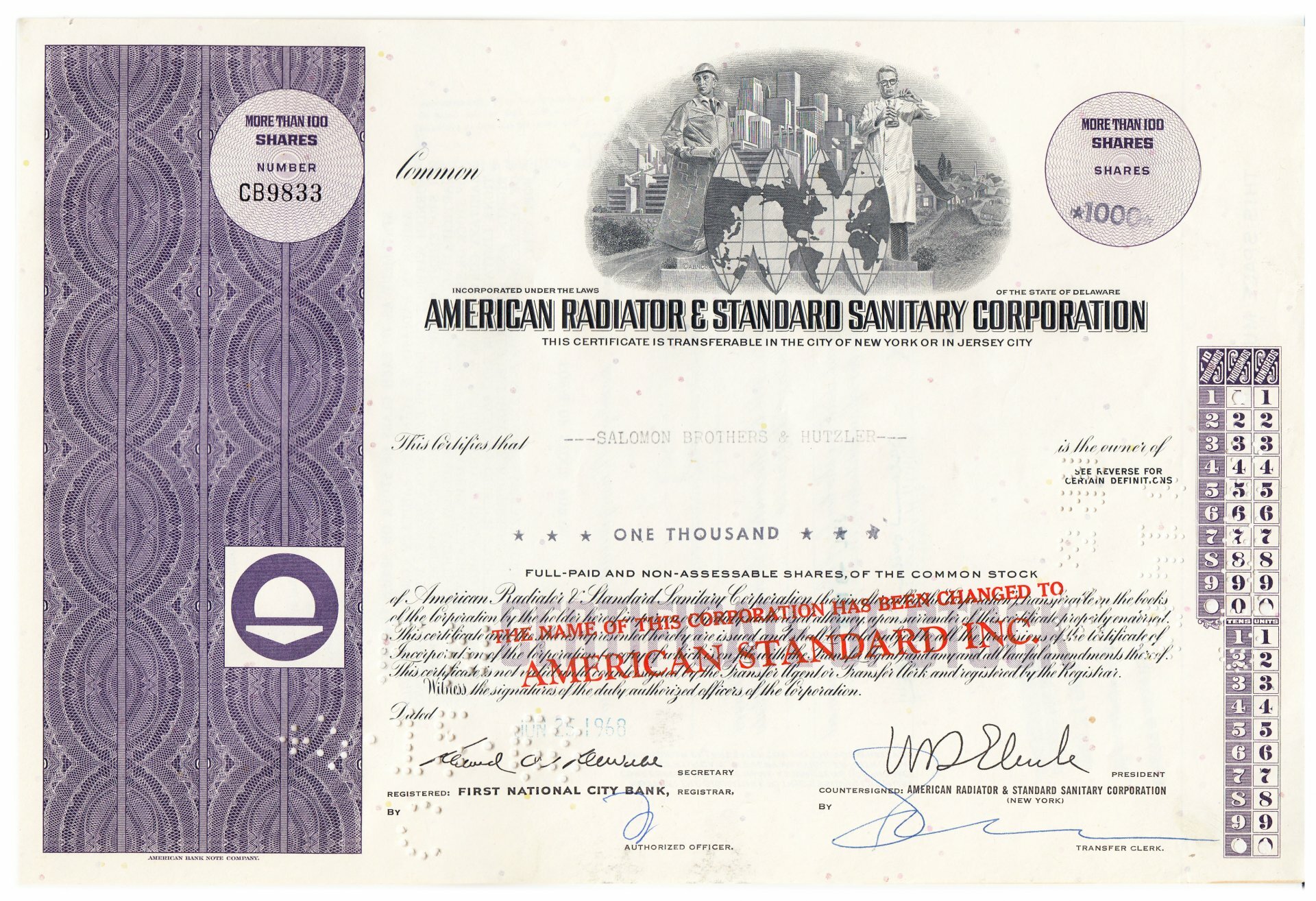 Акция США American Radiator & Standard Sanitary Corporation 1968 г