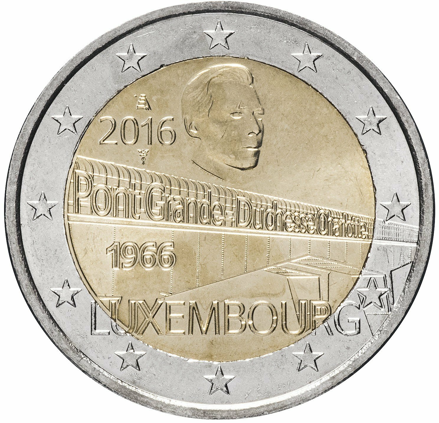 Люксембург 2 евро 2016 "50 лет мосту великой герцогини Шарлотты", Биметалл, в сохранности UNC