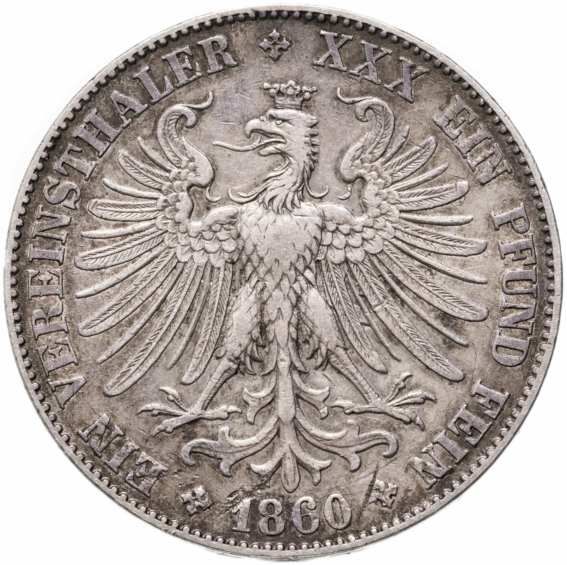 Германия, Франкфурт 1 союзный талер vereinstaler 1860, Серебро 900, в сохранности VF-XF
