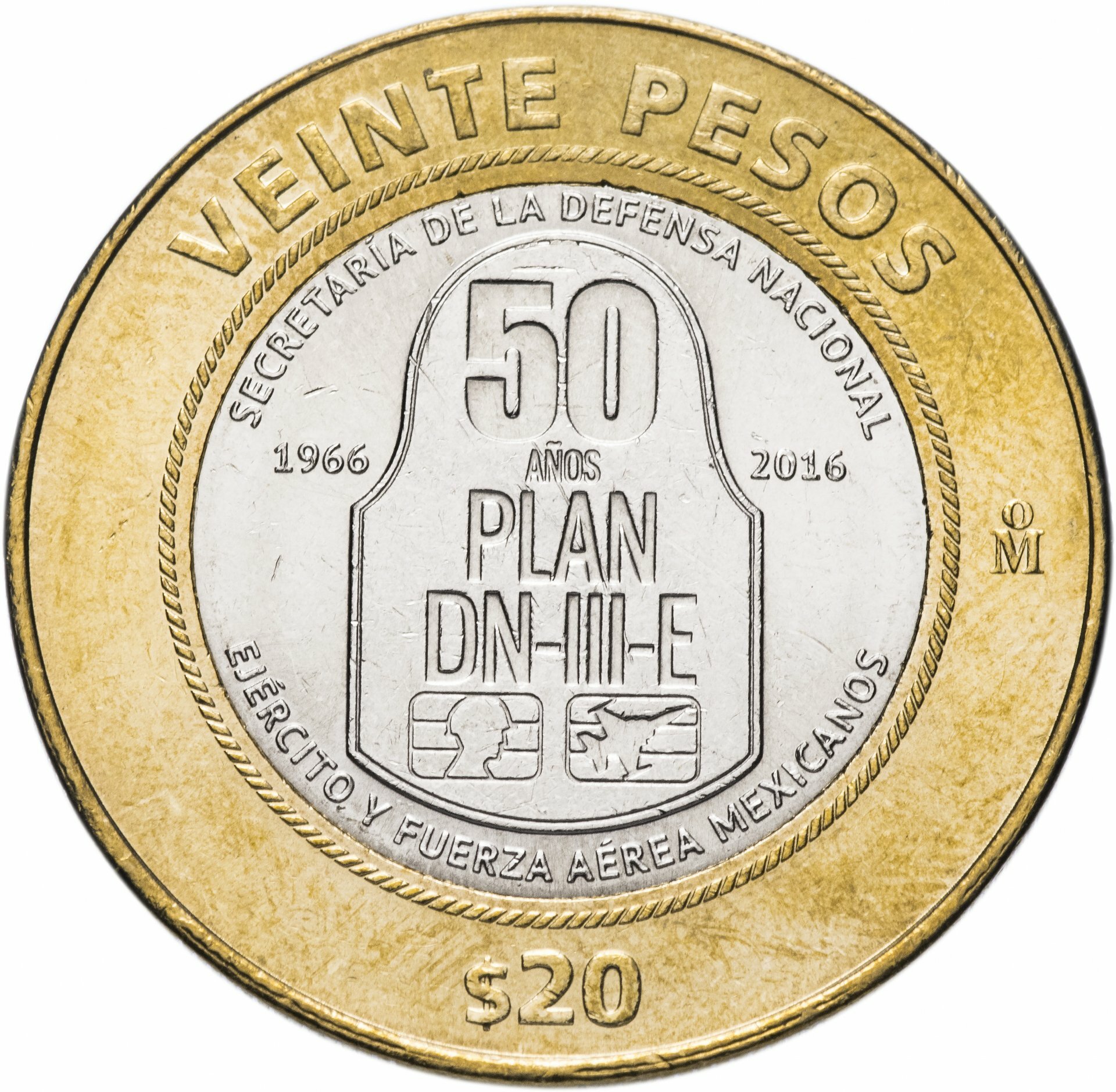 Мексика 20 песо pesos 2016 "50 лет действия Плана DN-III-E", Биметалл, в сохранности AU-UNC