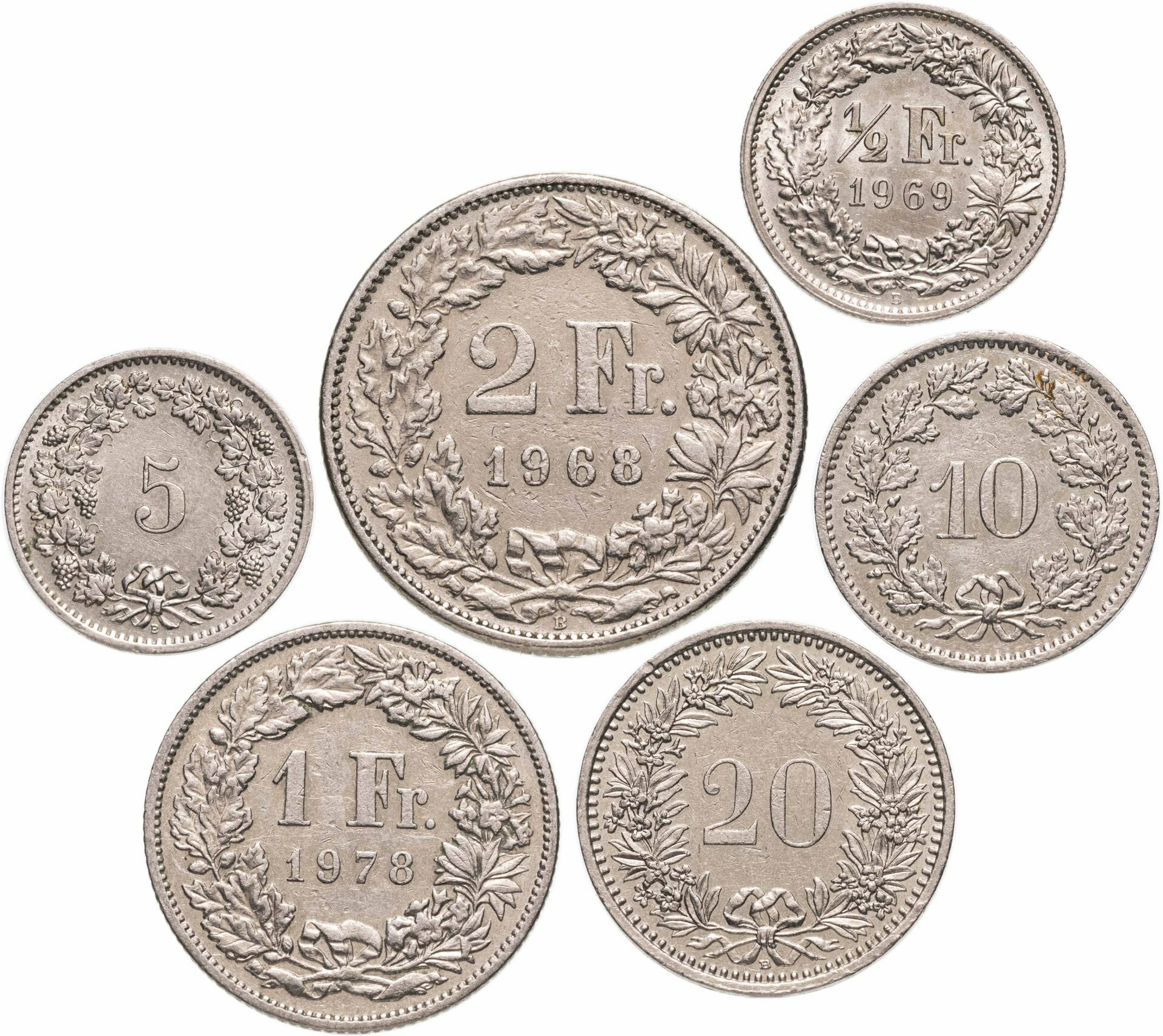 Швейцария набор монет 1968-1991 6 штук, Мельхиор медь-никель, в сохранности VF-XF
