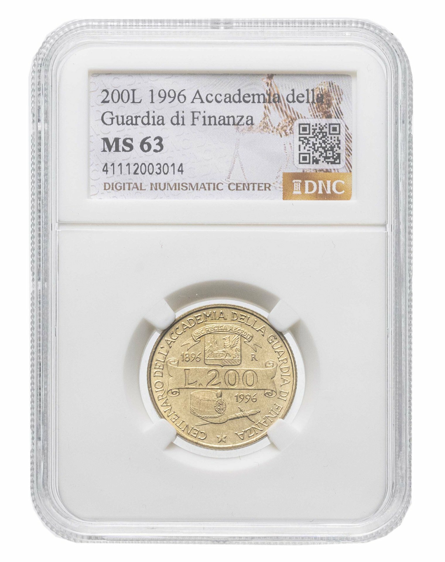 Италия 200 лир 1996 "100 лет Академии таможенной службы" в слабе DNC MS63, Бронза