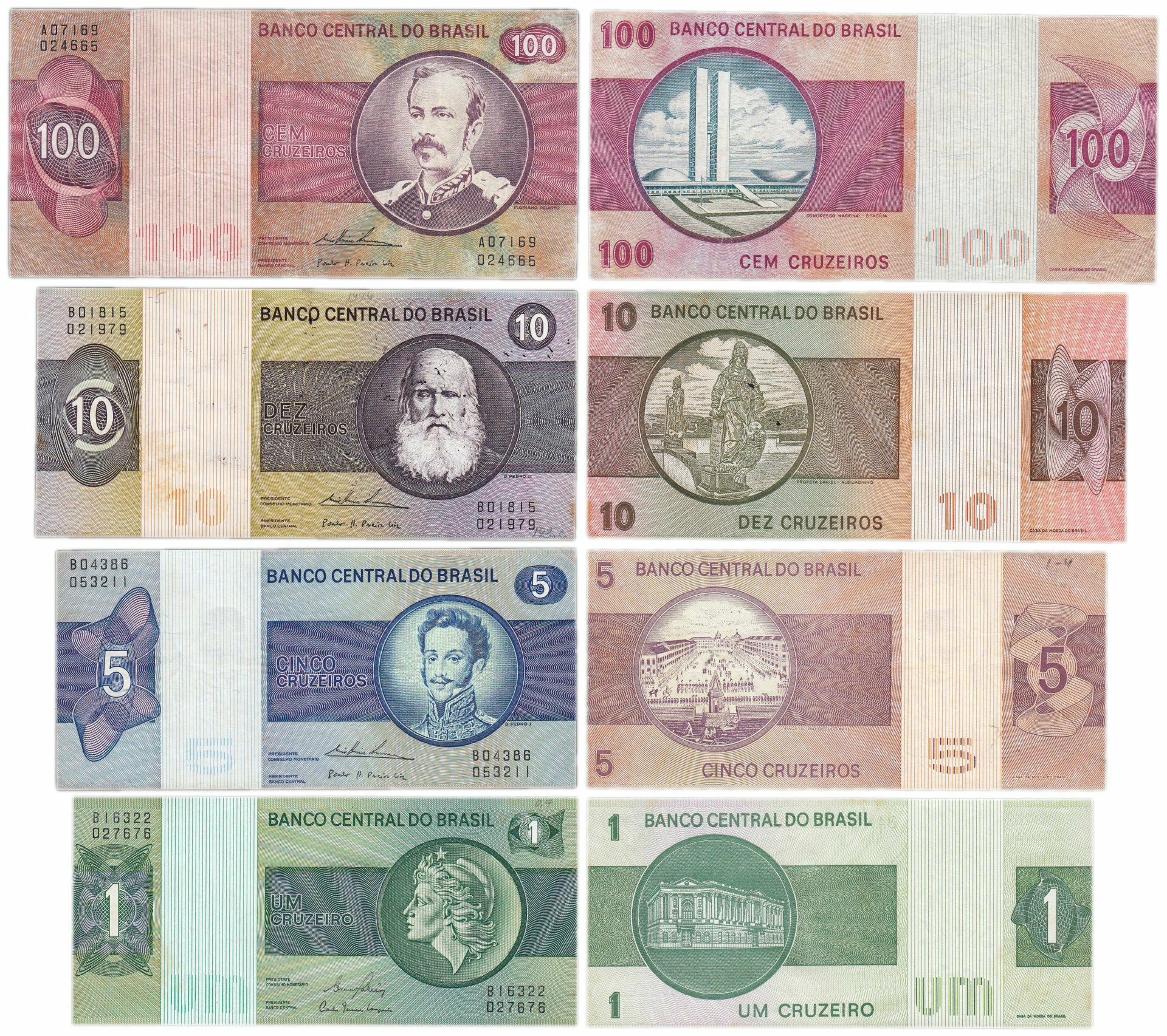 Бразилия набор из 4 банкнот 1, 5, 10, 100 крузейро 1975-1980