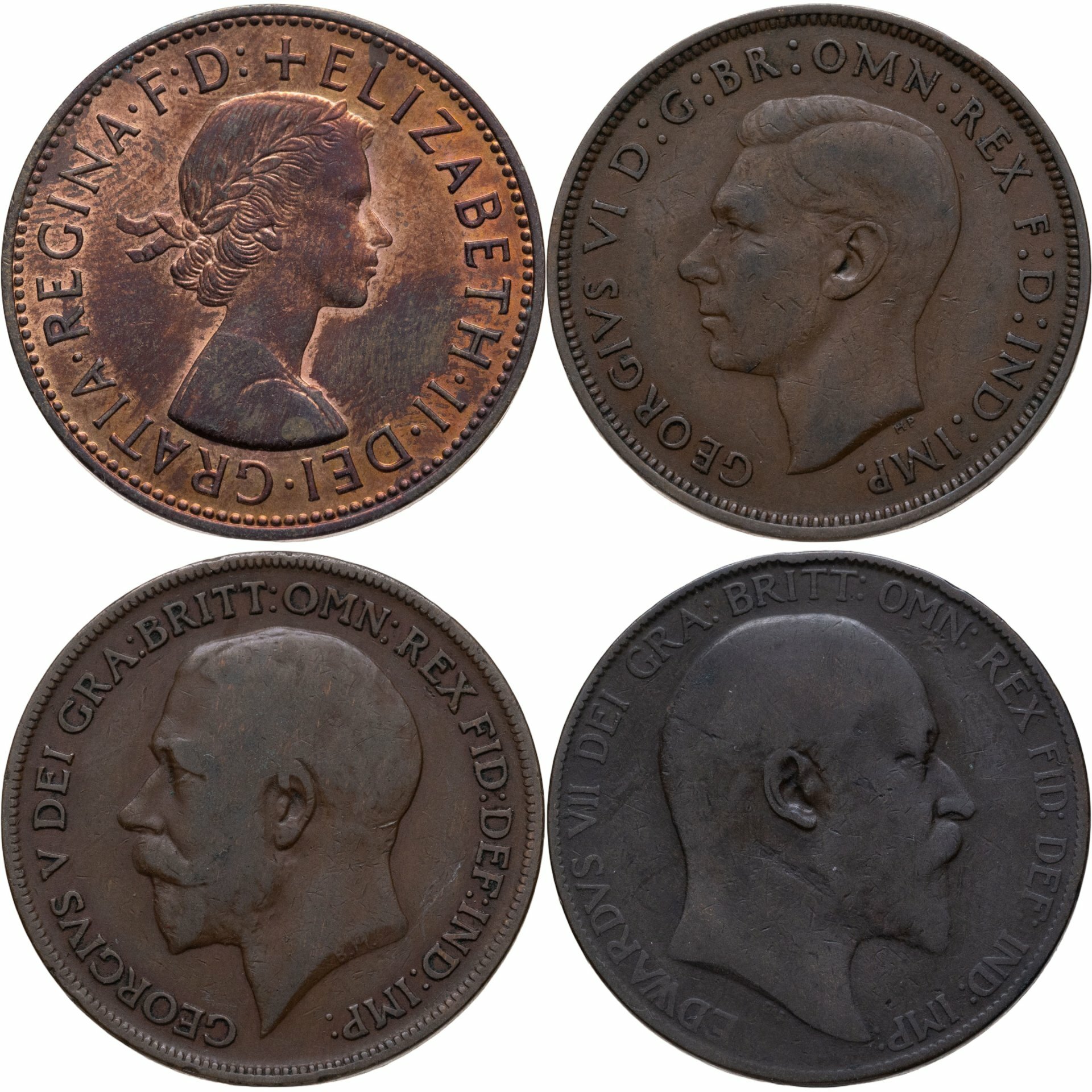 Великобритания набор 4 монет 1 пенни penny 1907, 1920, 1937, 1967, Бронза, в сохранности VF-AU