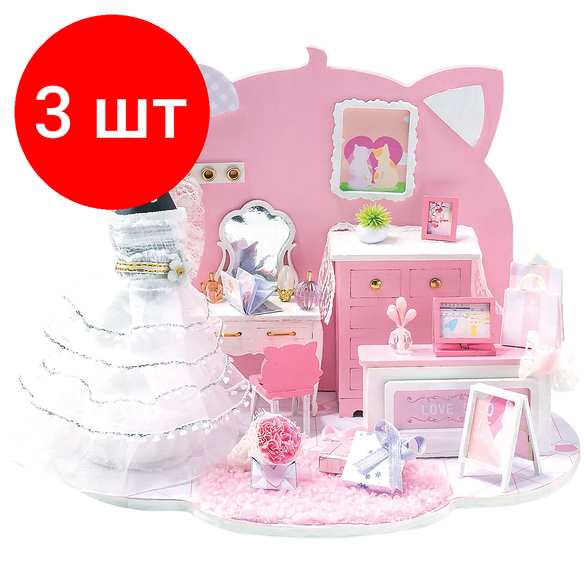 Комплект 3 шт, Сборная модель ТРИ совы, Румбокс "Комната невесты", инструменты, клей, картонная коробка